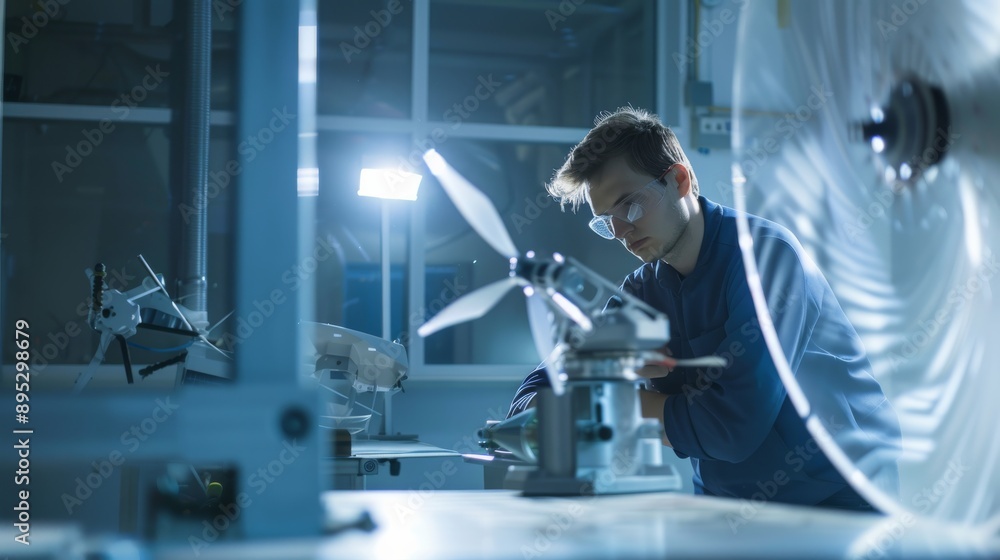 An aerospace engineer testing wind tunnel models in a research facility ...