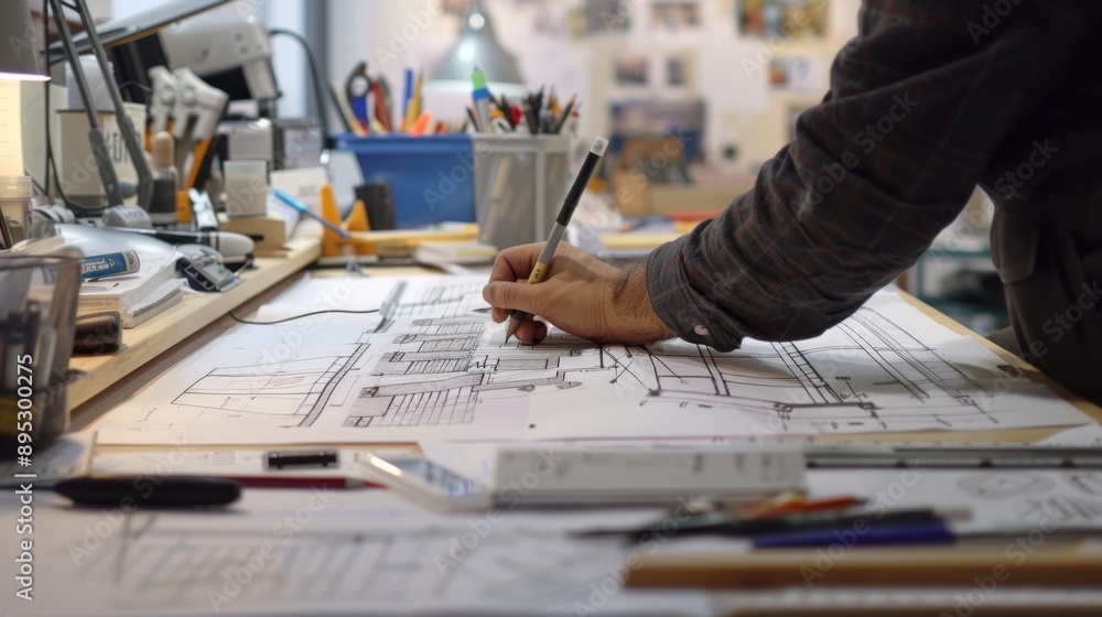 An architect sketching a blueprint at a large drafting table with ...