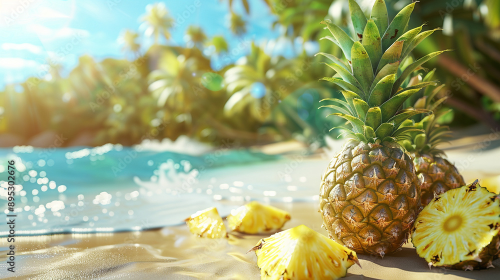 Pineapple fruits on tropical beach. Sunny day, sea breeze, palm trees ...