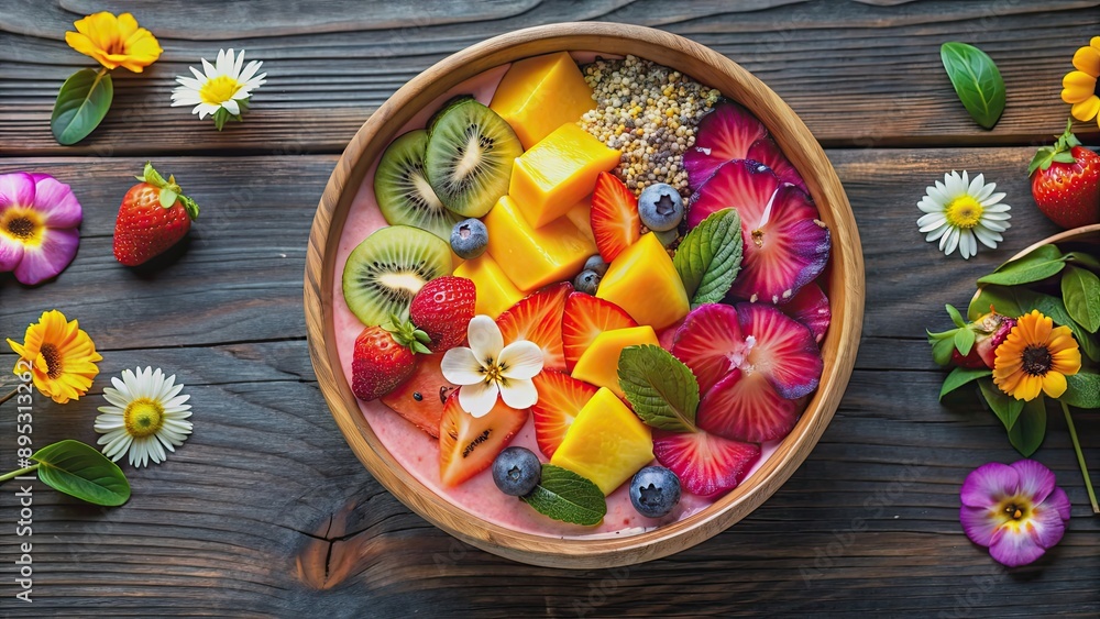 Tropical fruit smoothie bowl topped with edible flowers , smoothie ...