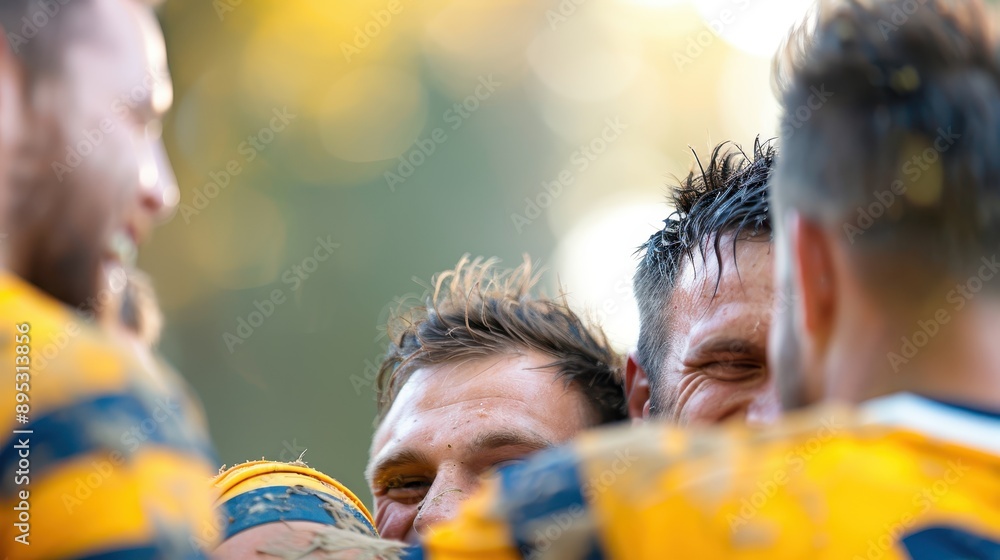 An image captures the backs of a group of rugby players in their yellow ...