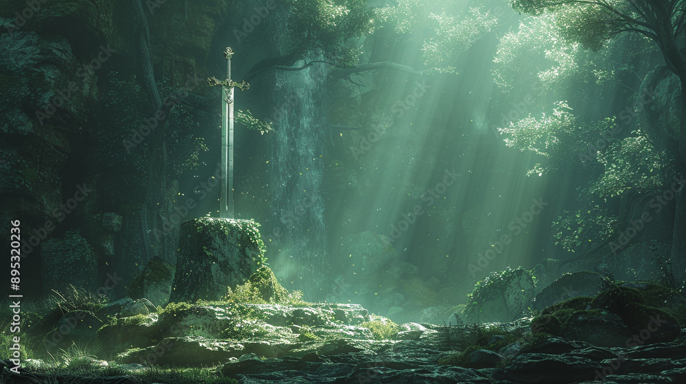 Majestic Scene of King Arthur's Legendary Sword Excalibur Embedded in a ...