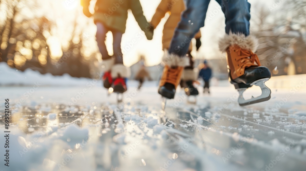 Groups of children enjoy ice skating on a frosty outdoor rink ...
