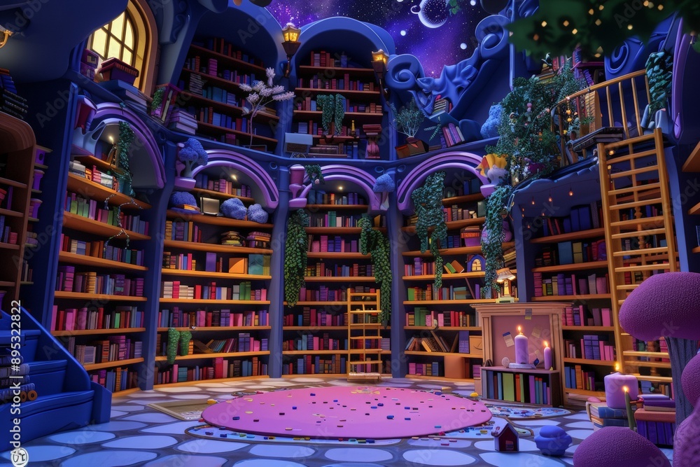 Magical 3D cartoon library with animated books, friendly librarians ...
