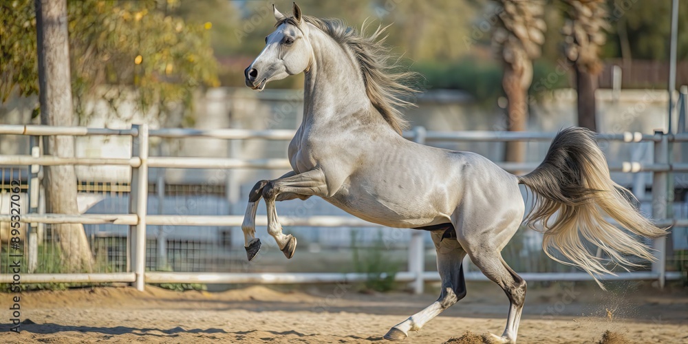 Arabian stallion rears up in a display of strength and grace, arabian ...