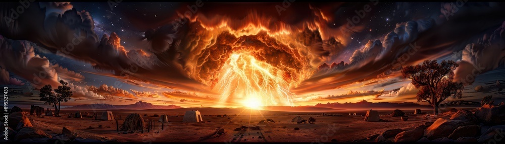 Neolithic scene with villagers witnessing a supernova, blending ancient ...