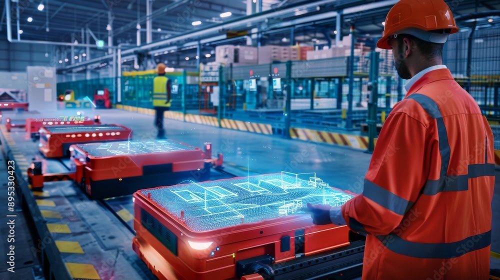 An automation engineer programming AGVs (Automated Guided Vehicles) for ...