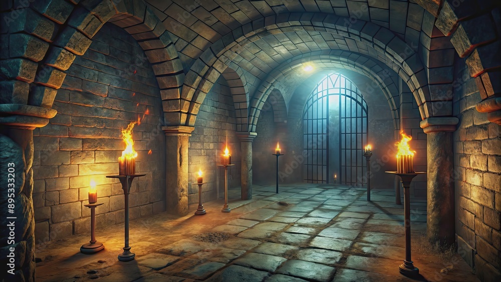 Scary abandoned dungeon with flickering torches and eerie shadows ...