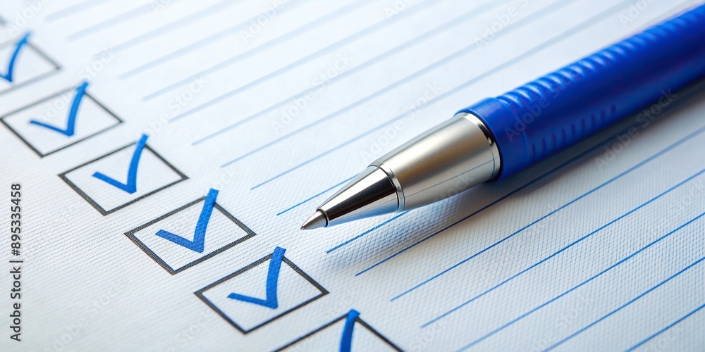 Blue pen marking off completed items on checklist sheet, marking ...