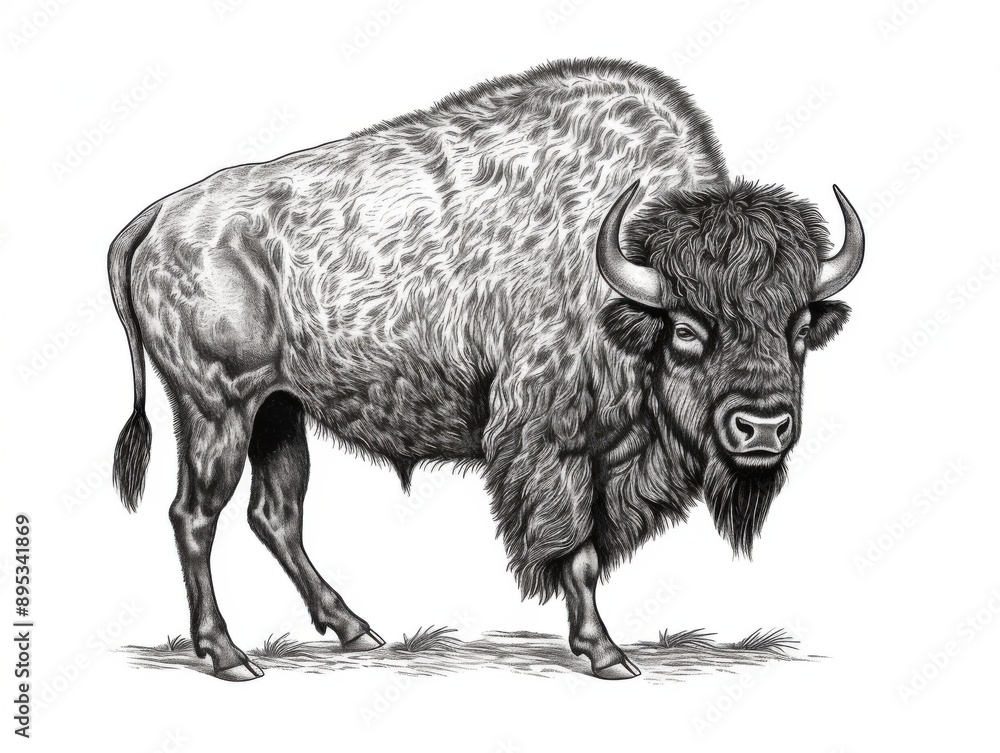 Black and white Vintage engraved art of a bison isolated on white ...