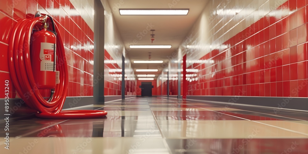 Fire extinguisher and fire hose reel installed in a public corridor ...