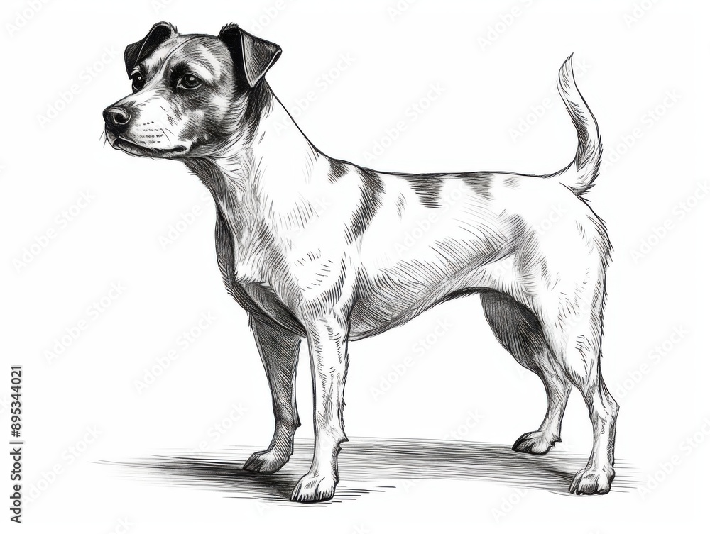 Black and white Vintage engraved art of a Jack Russell Terrier isolated ...