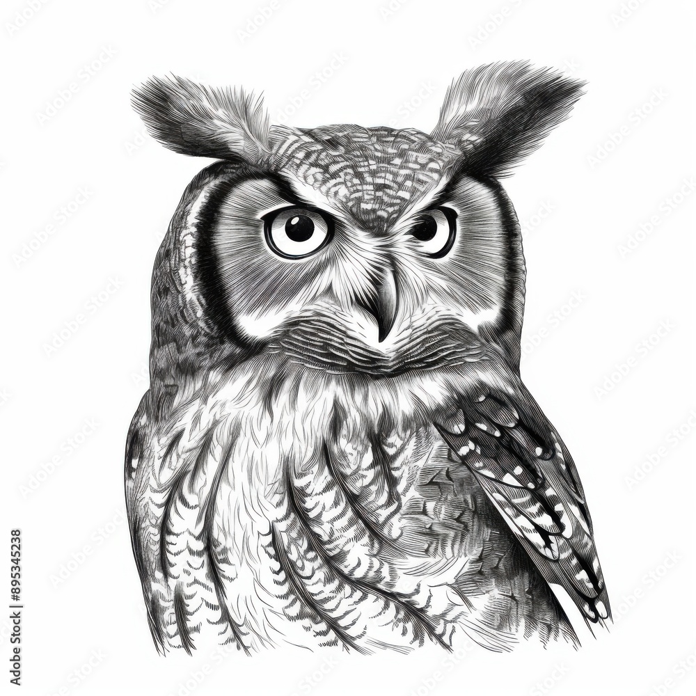 Black and white Vintage engraved art of a portrait of an owl isolated ...