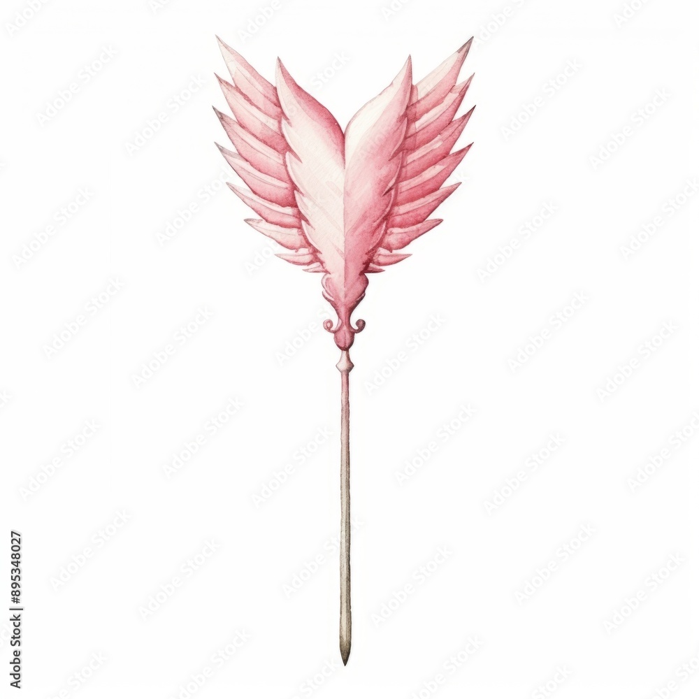 Watercolor, pink feather or cupids arrow with a white background. The ...