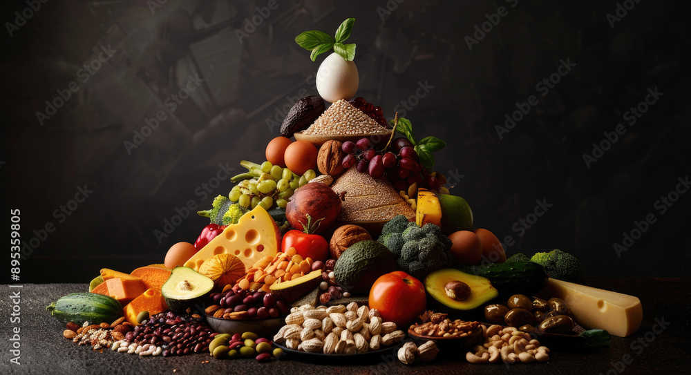 A food pyramid with different foods arranged in layers, such as fruits ...