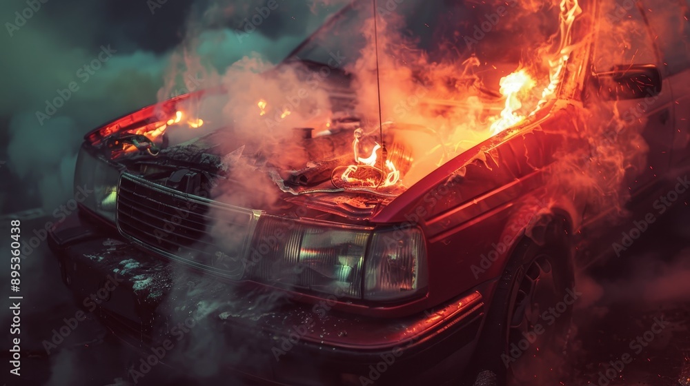 A close-up of a car engulfed in flames, highlighting the danger and ...