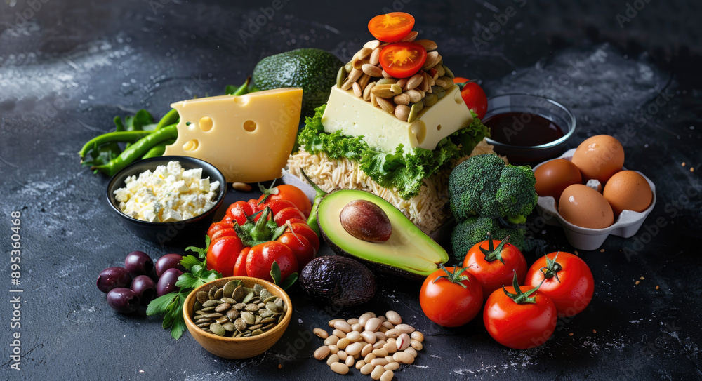 A food pyramid with different foods arranged in layers, such as fruits ...