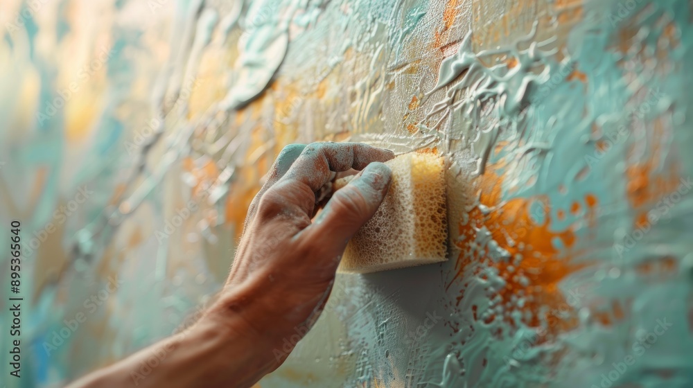 A close up of a painter using a sponge to create a textured paint ...