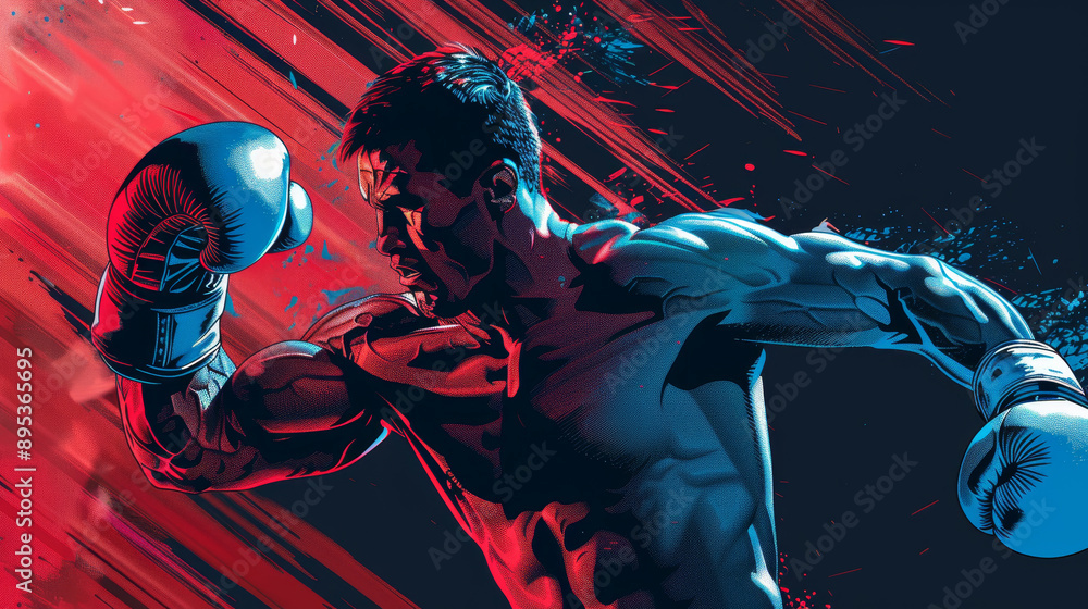 A powerful boxer throws a punch, captured in a dynamic pose with ...