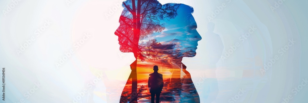 The image depicts two silhouettes merging, forming one shape against a ...
