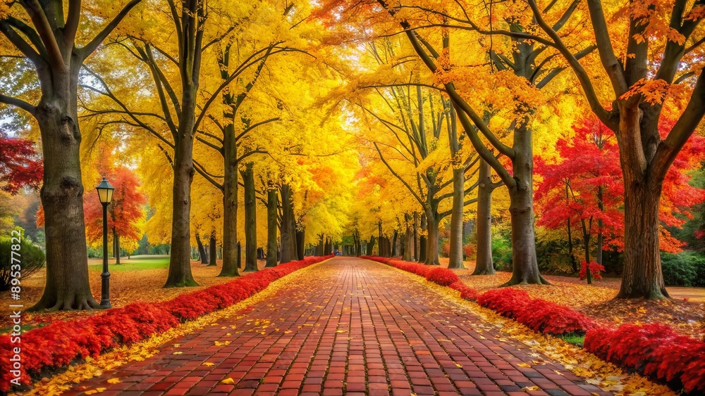 Vibrant yellow brick path stretches infinitely, flanked by majestic red ...