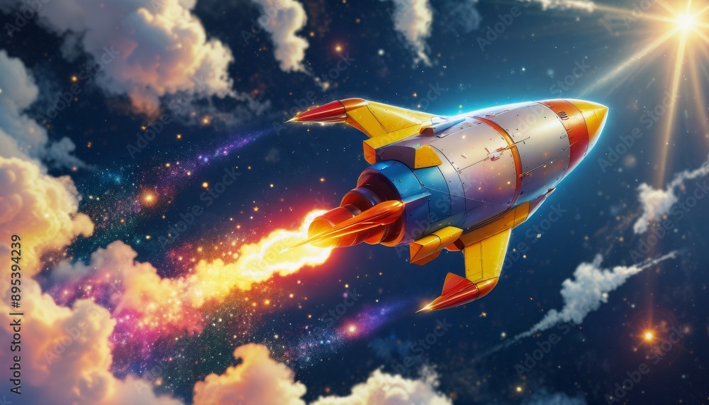 cheerful doodle featuring a colorful rocket ship zooming through a ...