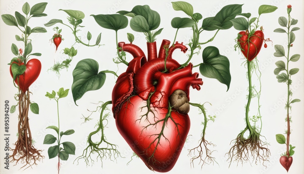 heart with a plant emerging, red heart outline with intricate roots and ...