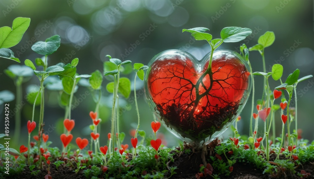 heart-shaped diagram with emerging plant growth, heart outline in red ...