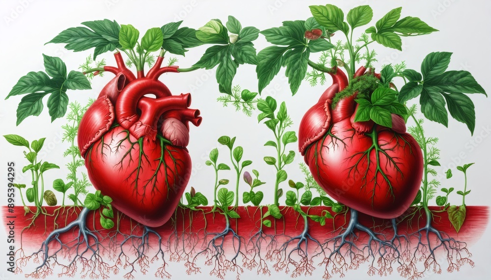 detailed schematic of a heart and plant growth, anatomical heart in red ...