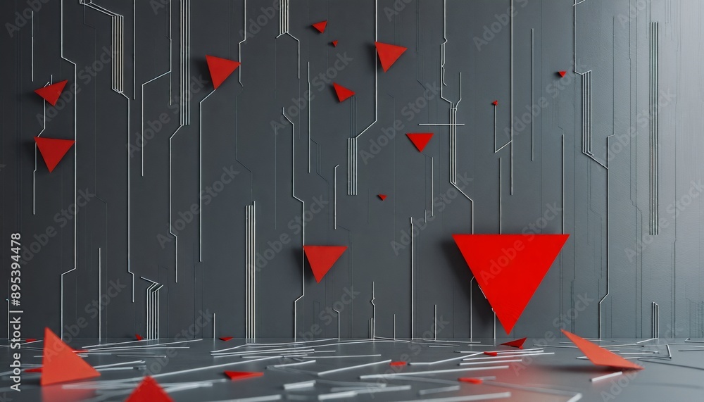 large red triangle at the bottom right of a dark gray background ...