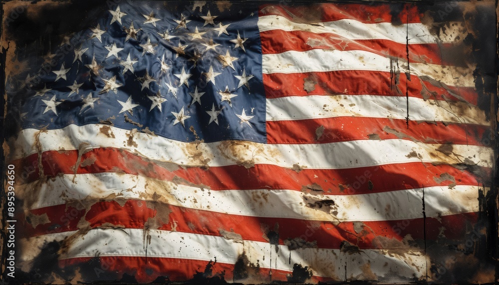 distressed black and white usa flag, heavily worn, tattered edges ...