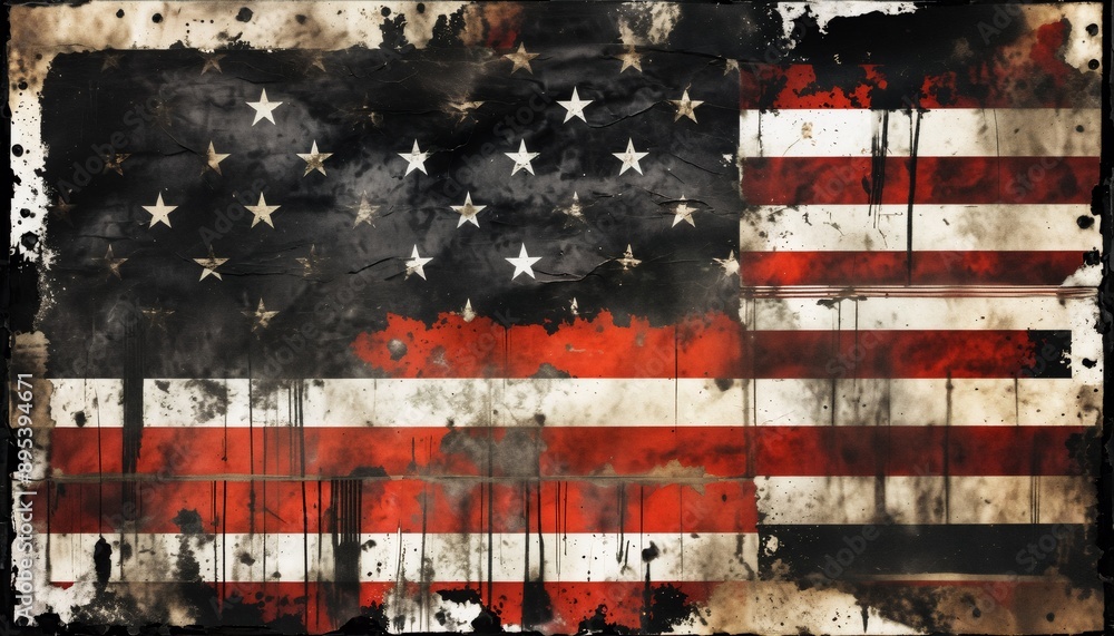distressed black and white usa flag, rugged and worn, frayed edges ...