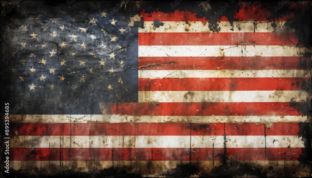 distressed black and white usa flag, heavily faded, torn edges, stars ...