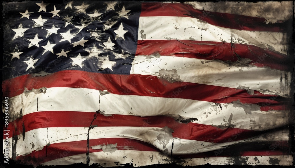 distressed black and white usa flag, worn and tattered, stars faint ...
