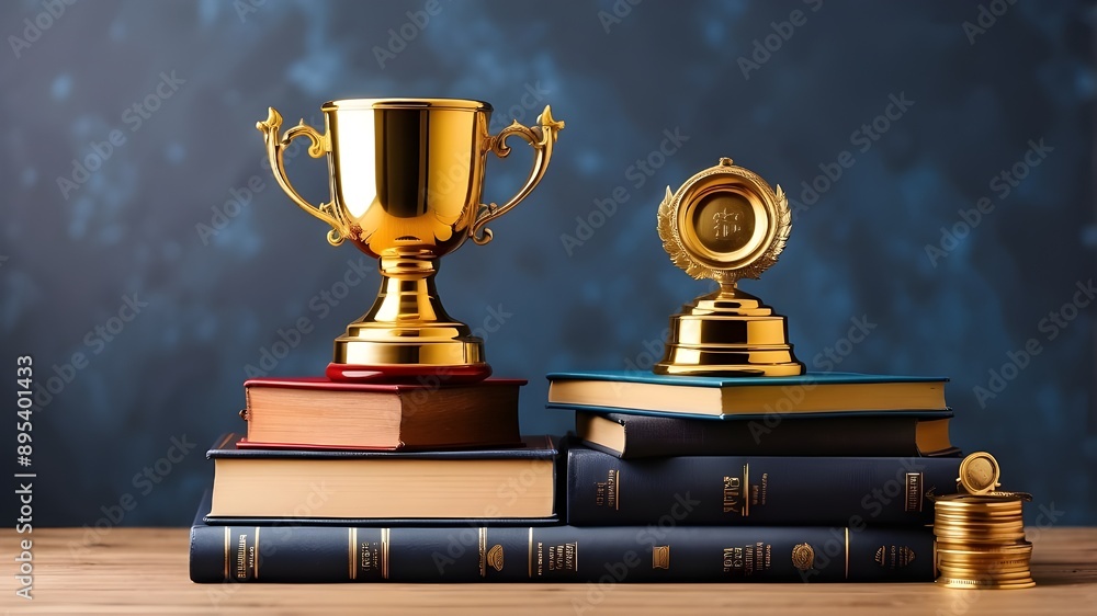 Stack of Books with Golden Cup Trophy and Medal, Academic Excellence ...