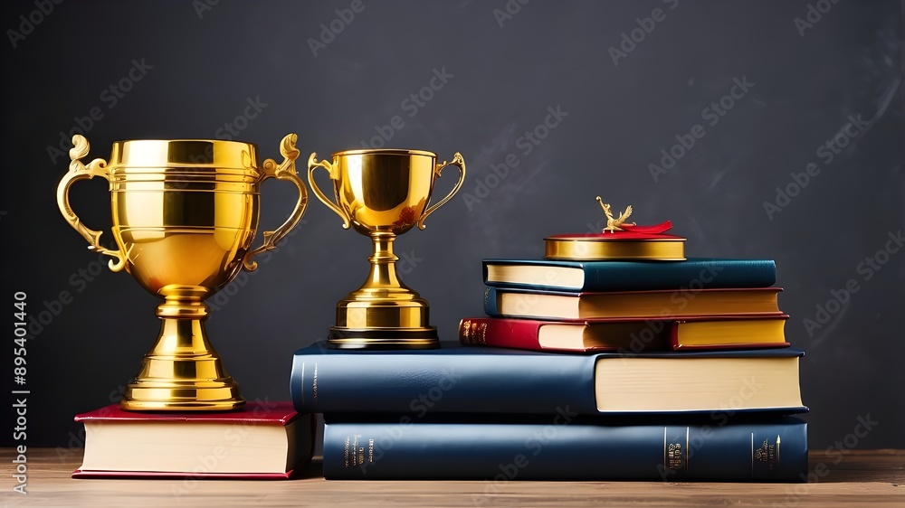 Stack of Books with Golden Cup Trophy and Medal, Academic Excellence ...