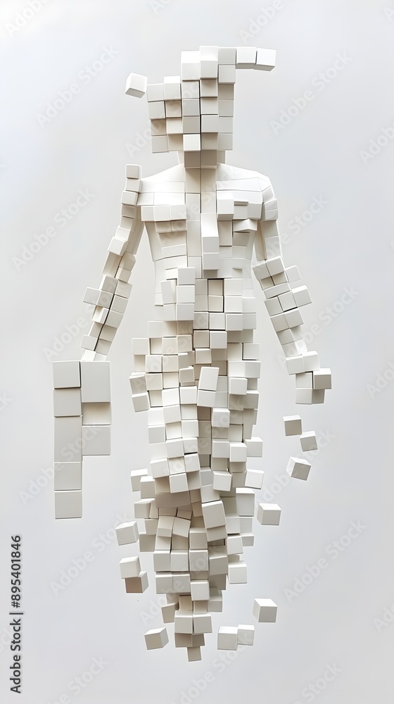 An abstract figure composed of white cubes, partially disintegrated ...