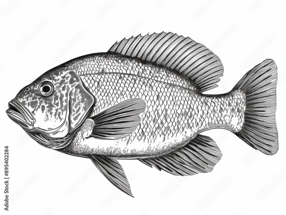 Black and white Vintage engraved art of a wrasse isolated on white ...