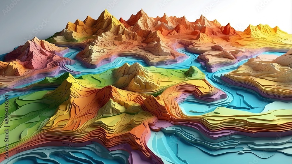 3D Topographic height map, geology survey. Topographic cartography, contour map, 3D relief ...