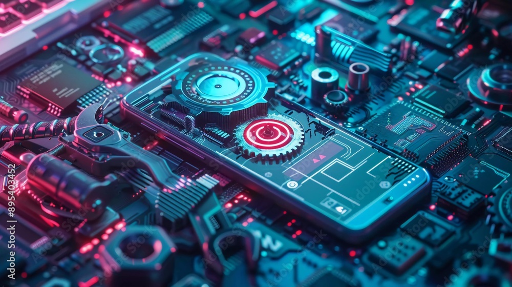 Futuristic Tech Repair Concept with Laptop, Smartphone, and Tools ...