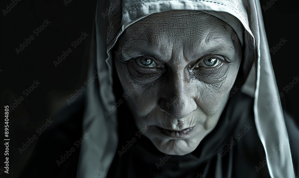 An evil cursed nun with black horror devil eyes, looks at the camera on ...