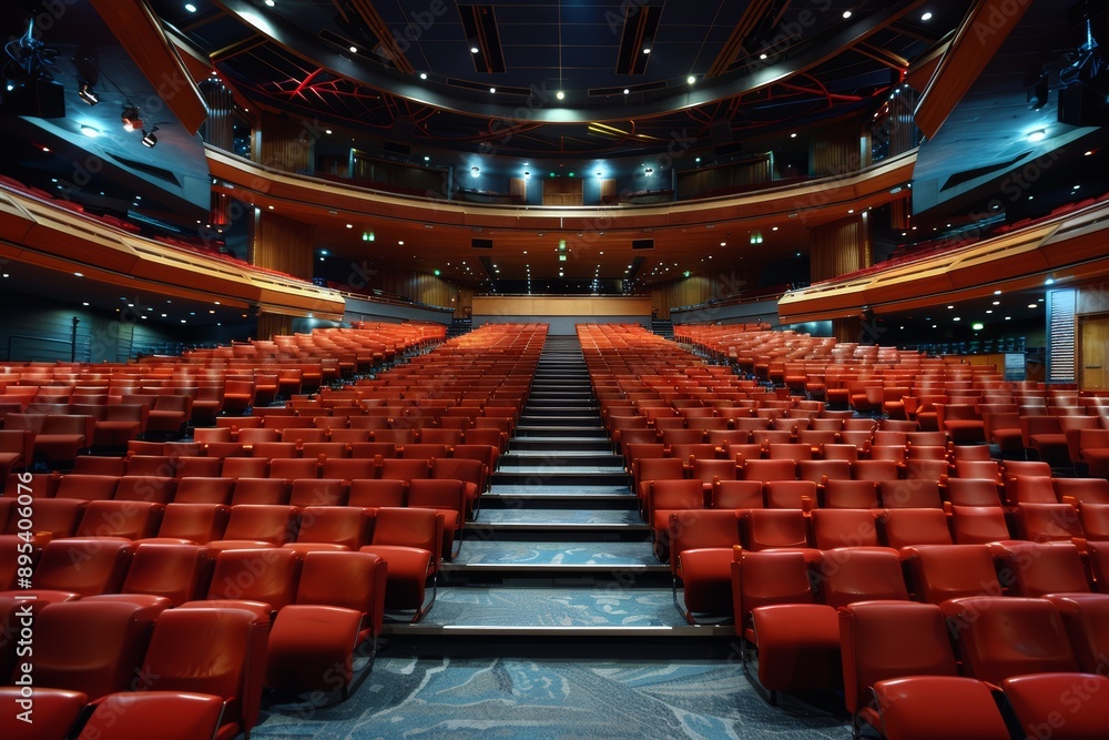Modern Theater Interior with Rows of Red Seats and Stage Lighting in a ...