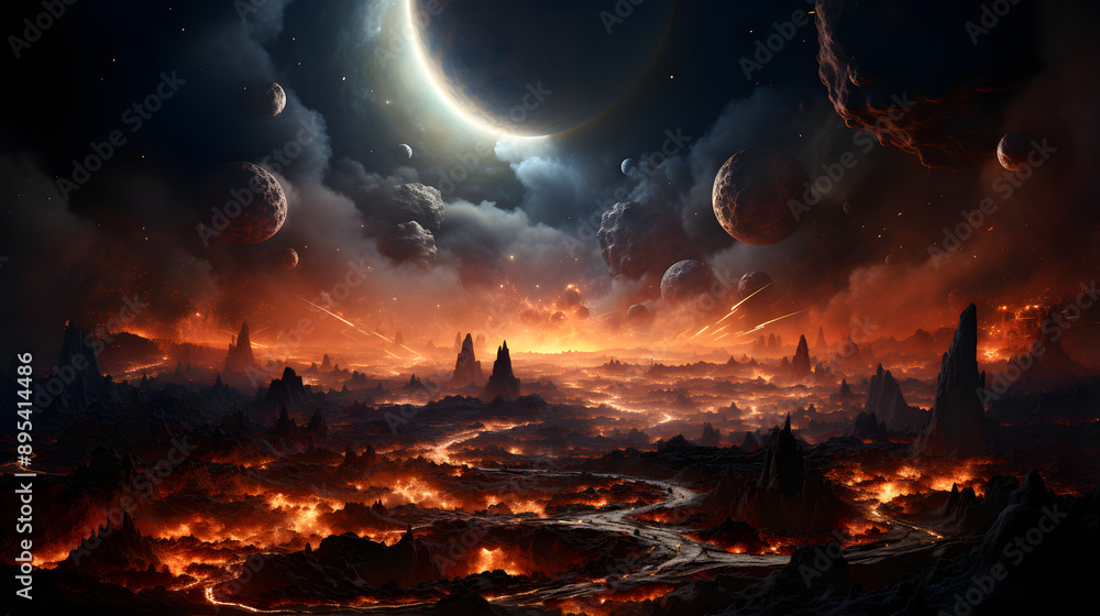 A fiery, alien landscape bathed in the light of a crescent-shaped ...