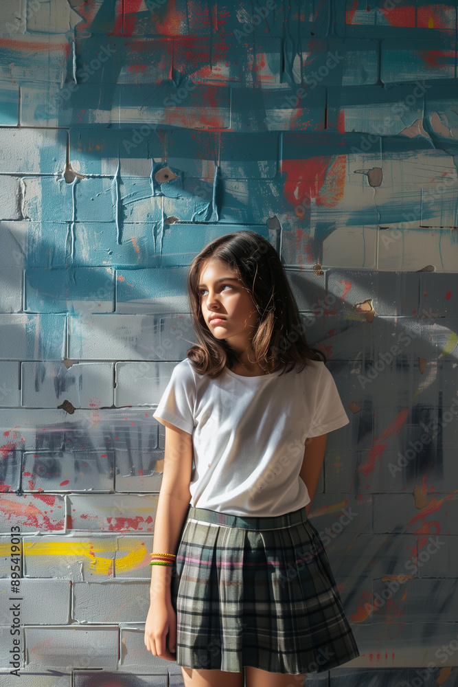 A young schoolgirl looking distressed in a school environment ...