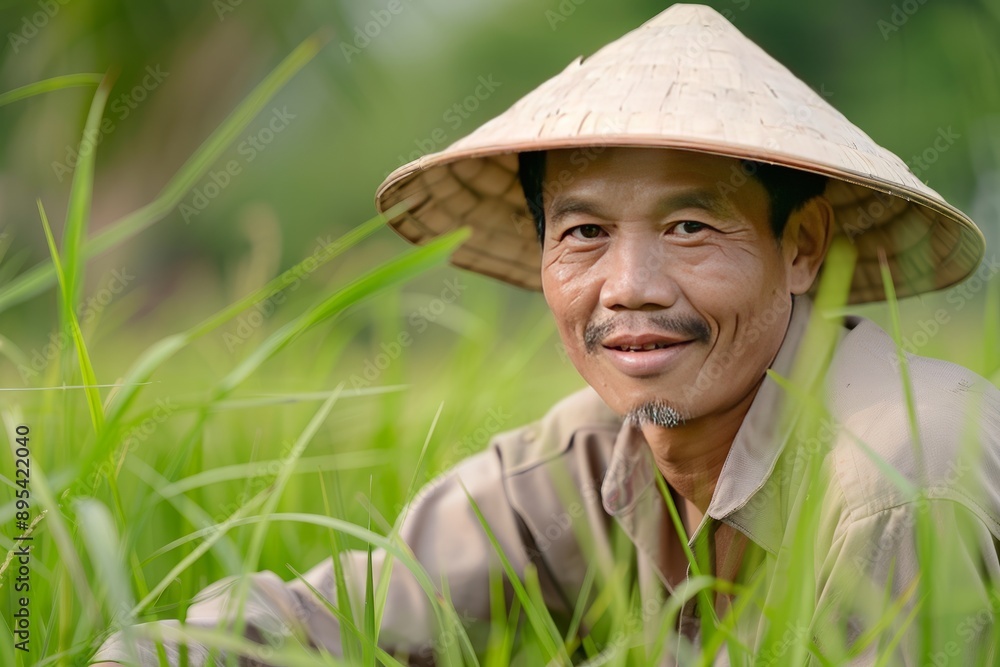 Asian rice farmer participating in a community rice planting festival ...