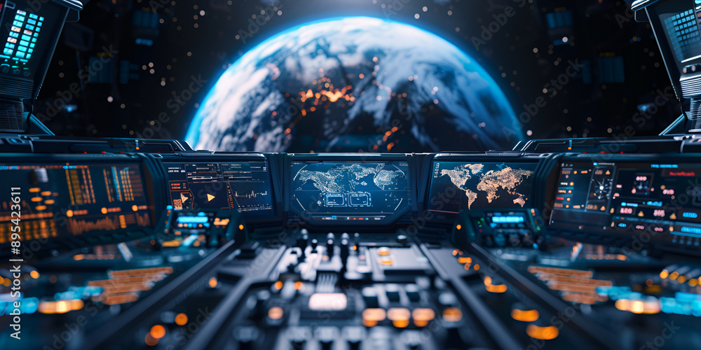 Control panel of a spaceship with various buttons and screens for ...