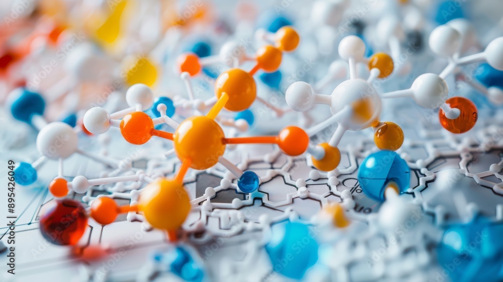 A close-up image of a molecular model kit, displaying various molecules ...