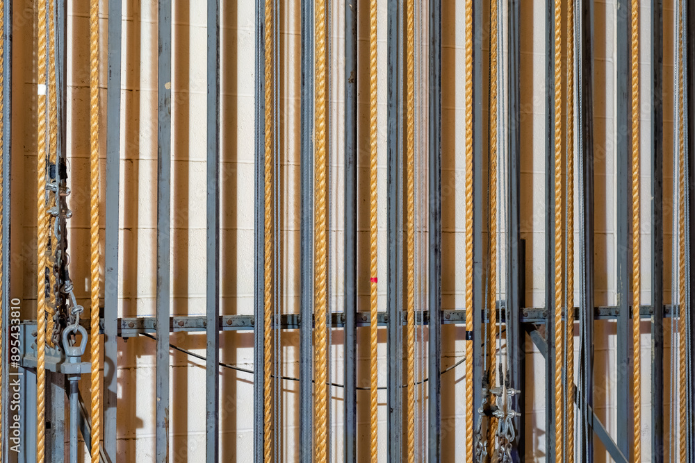 Theater stage rigging with theatrical equipment, lighting, supports ...