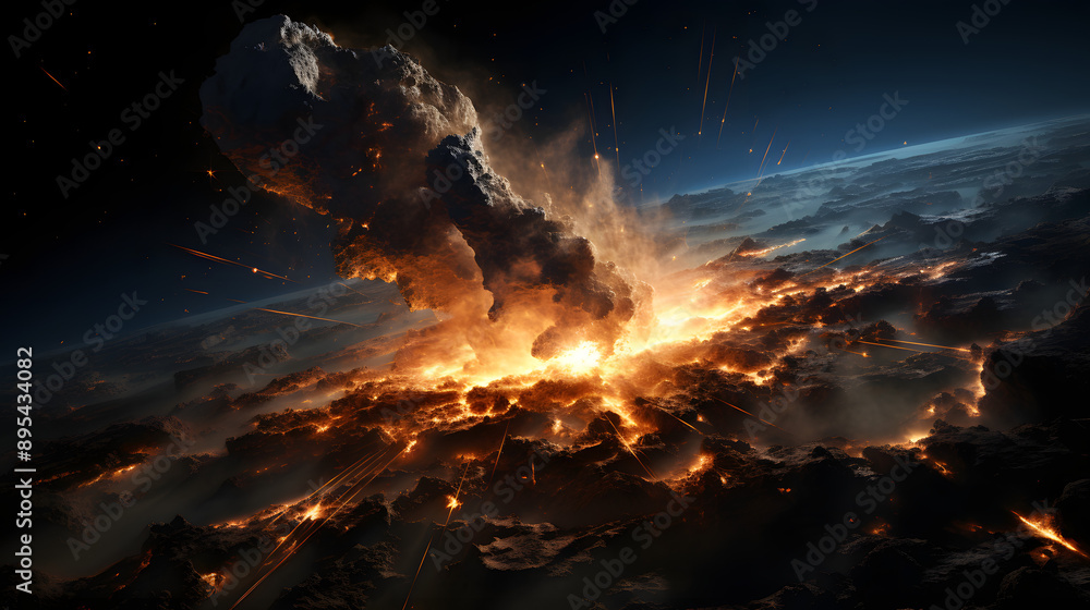A fiery meteor crashes into a planet, leaving a trail of destruction ...