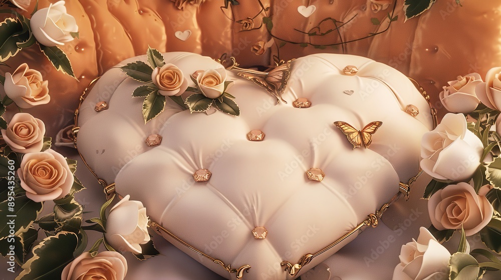 Opulent Heart-Shaped Bed in 3D Rendering with Diamond-Like Crust, Gold ...